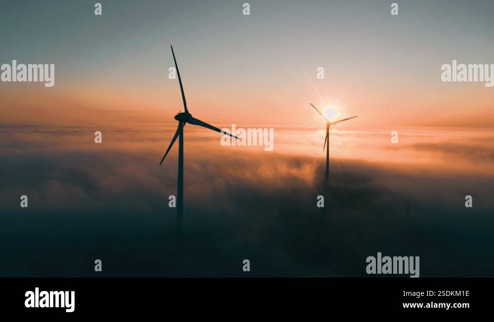 Wind turbines at sunrise in heavy fog. Wind farm generating green ...