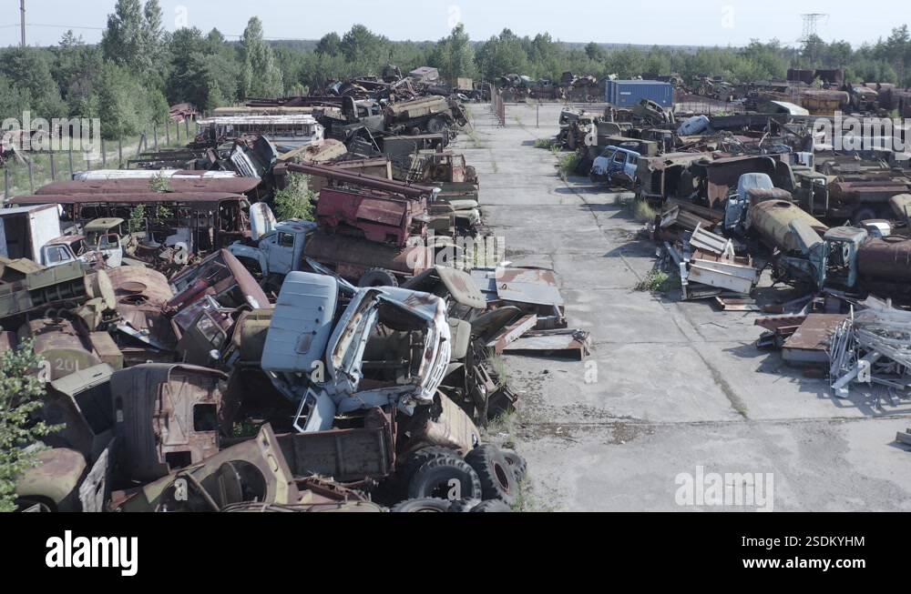 Chernobyl nuclear power plant. Car dump in exclusion zone. Buryakovka ...