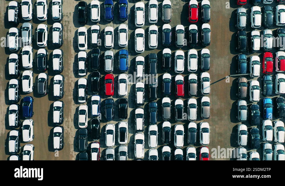Factory parking area with new cars in a view from above Stock Video ...