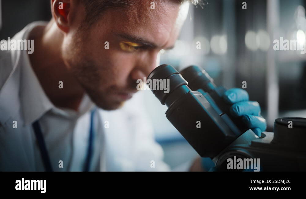 Medical Research Laboratory Scientist Looking Under Microscope Stock ...