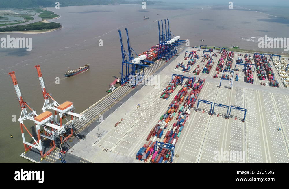 Aerial view, top view cargo ship port in the export, import by ship ...