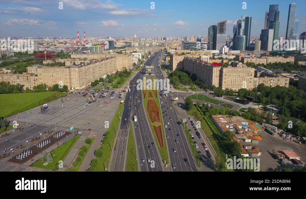 modern moscow city kutuzovsky traffic avenue aerial flight over 4k ...