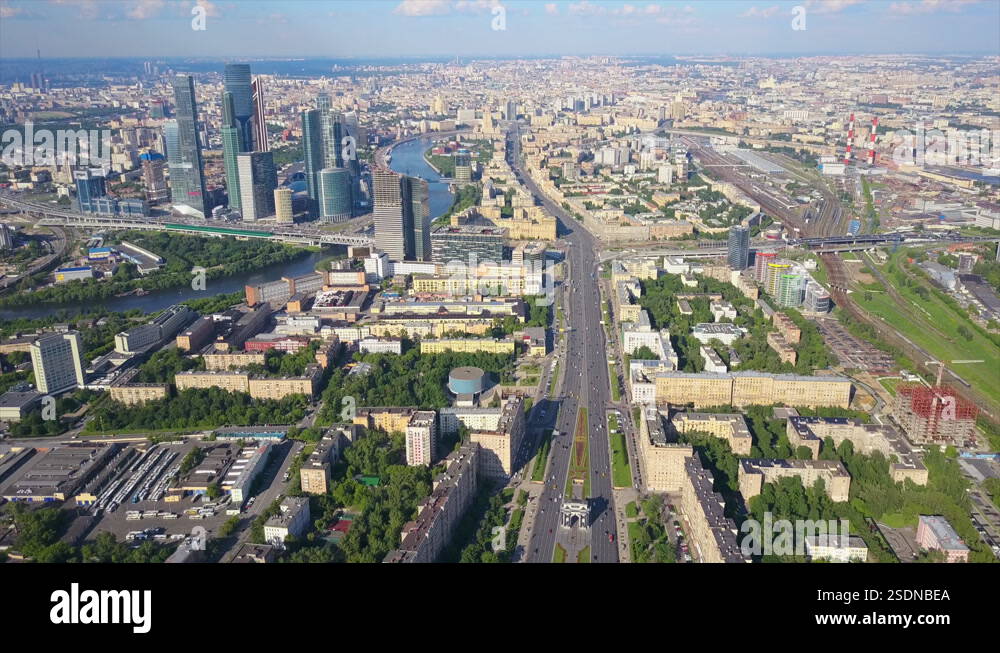 day modern moscow city kutuzovsky traffic avenue aerial flight over 4k ...