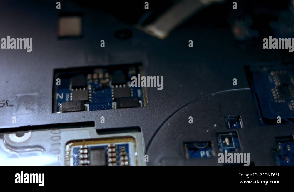 Close up part of motherboard from laptop computer. Special lighting ...