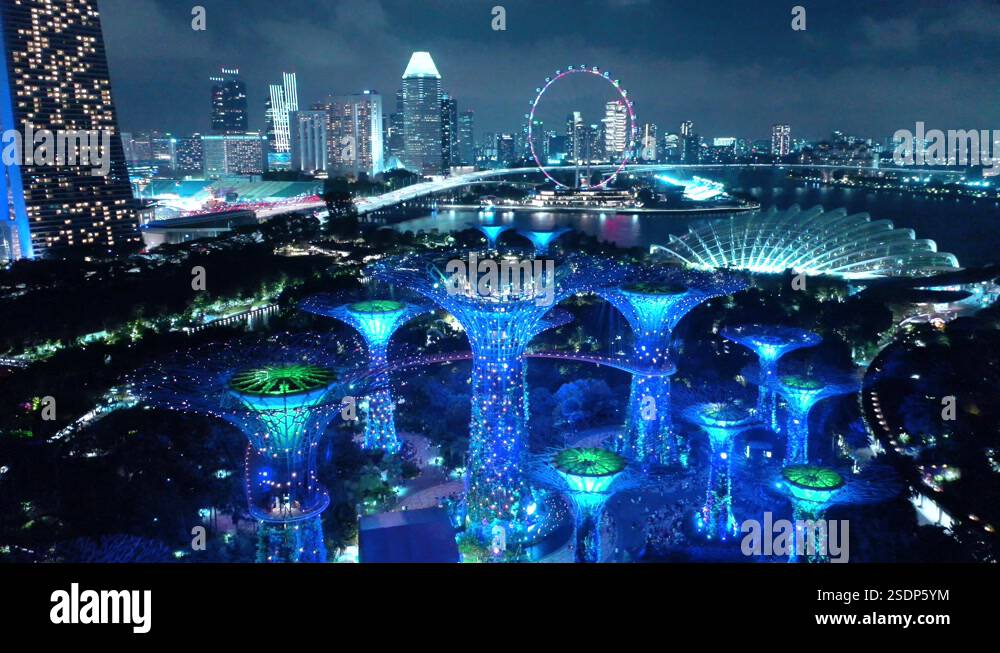 Panning Aerial Shot of super trees of gardens by the bay in Singapore ...