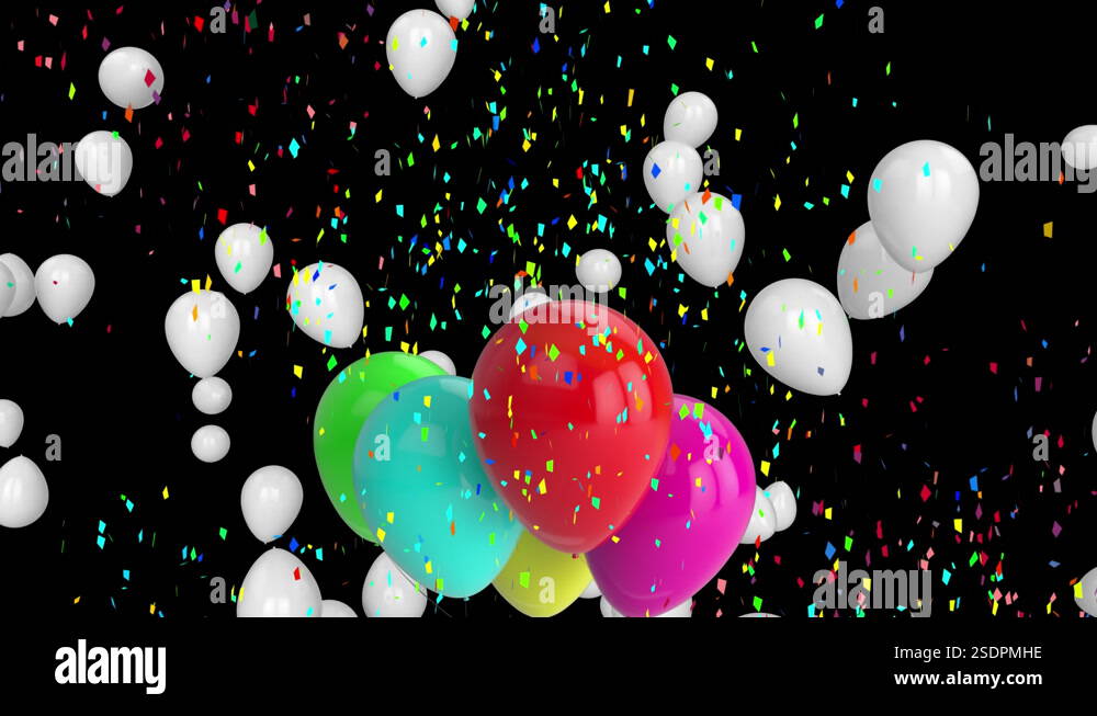 Animation of multi coloured confetti falling over balloons on black Stock Video Footage - Alamy