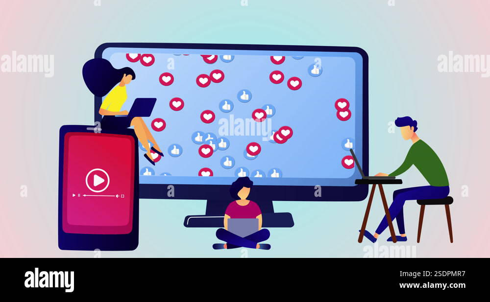 Animation of screen with social media icons people using electronic ...