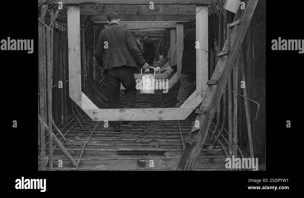 Post War Civil Engineering, men preparing concrete shuttering on site ...