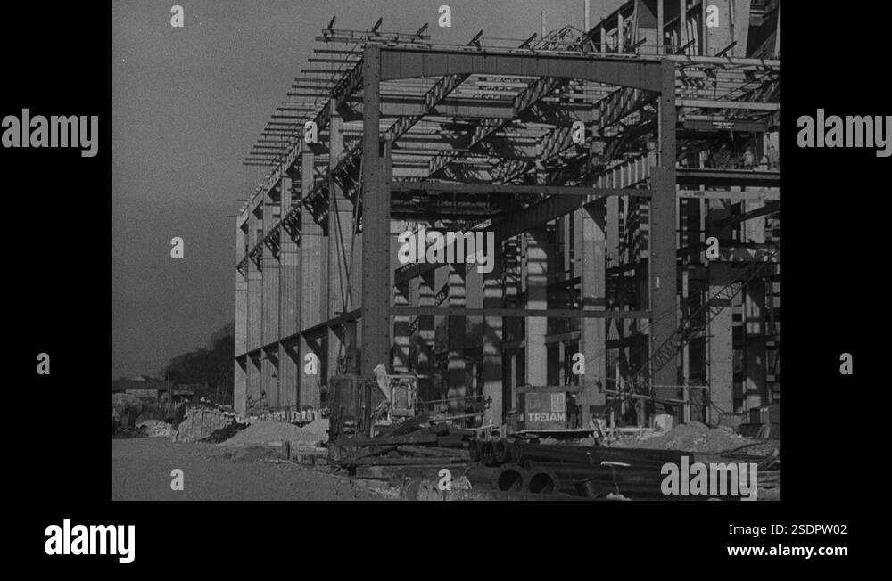 Post War Civil Engineering, errection of steel frame at construction ...
