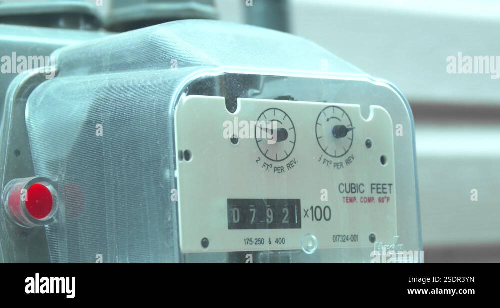 Close up Dolly of a residential urban natural gas meter measuring gas ...