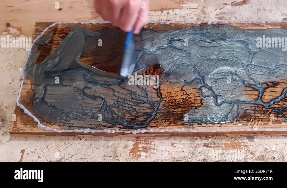 Making Epoxy Art with Oak Wood and blue pigment. Wood burning technique ...