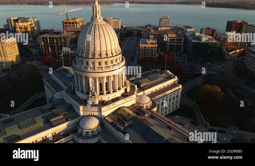 golden hour madison state capitol architecture city in wisconsin aerial ...