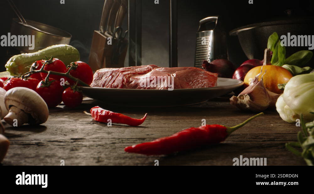 A raw piece of meat on preparation table of kitchen. Steak and various ...