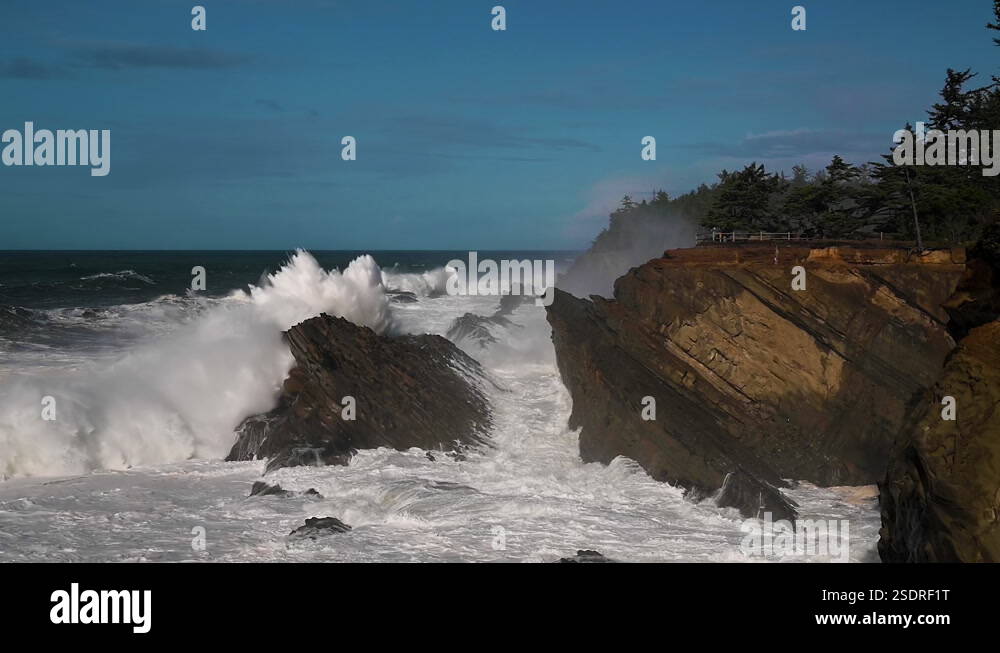 High Waves Breaking On Rocks In Shore Acres State Park During King Tide ...