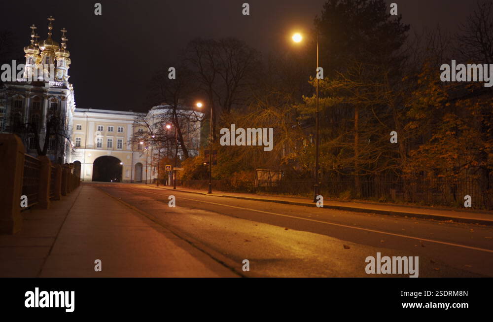 Sadovaya Street at night near Catherine Park and Palace Saint ...