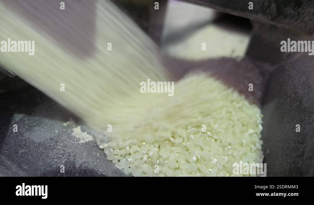 Processed rice streaming fast through a metallic trough at a modern ...