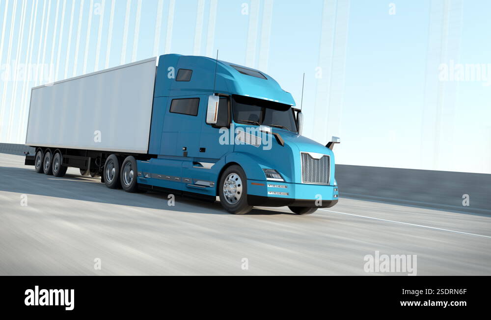Blue Modern Big Semi Truck with Cargo Trailer Route on Road Logistic ...