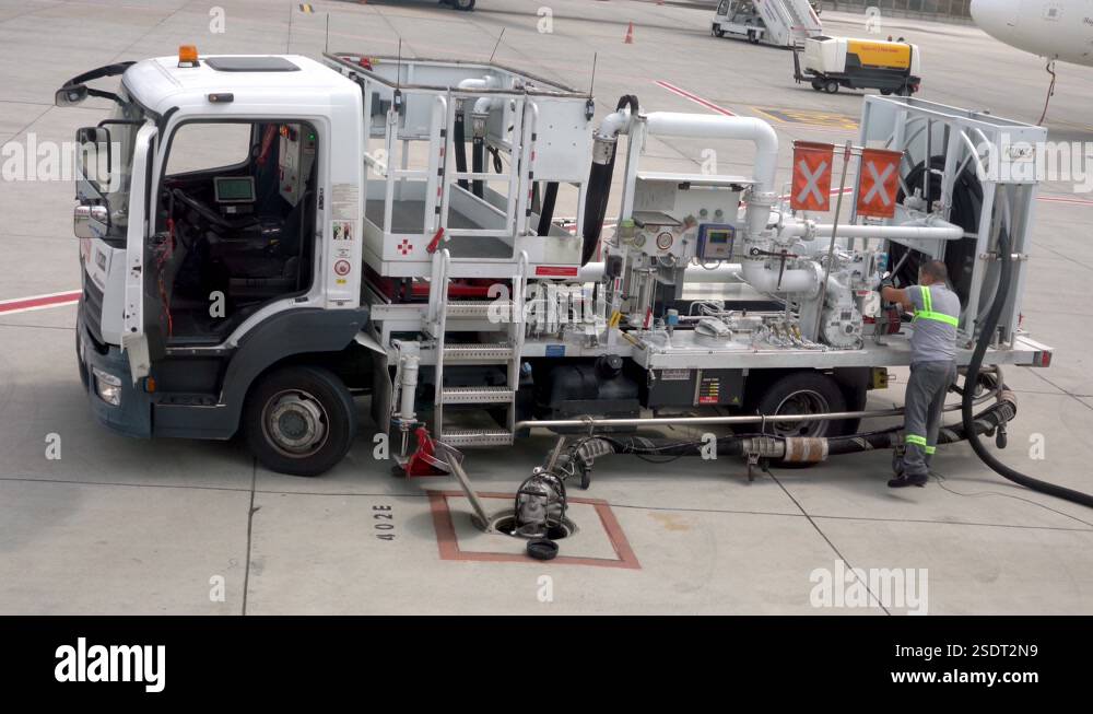 The process of refueling an aircraft before departure in the parking ...