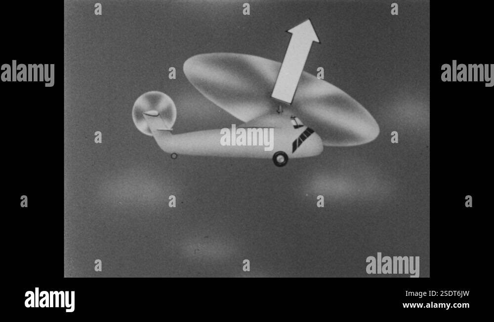 1960s: Helicopter hovering over ground flies forward. Animation of ...