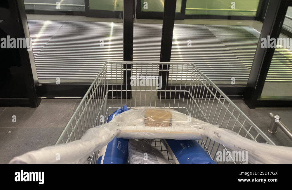 Customer pushing shopping cart with purchases in modern shopping mall ...