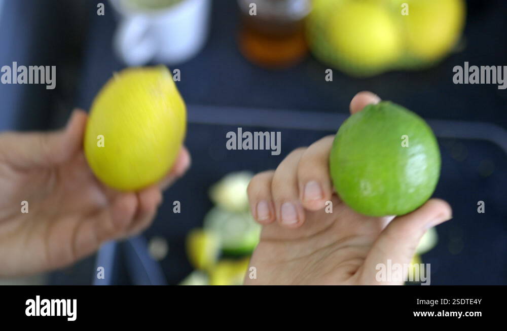 Female hands holding a lemon and a lime above fruit slices Stock Video ...