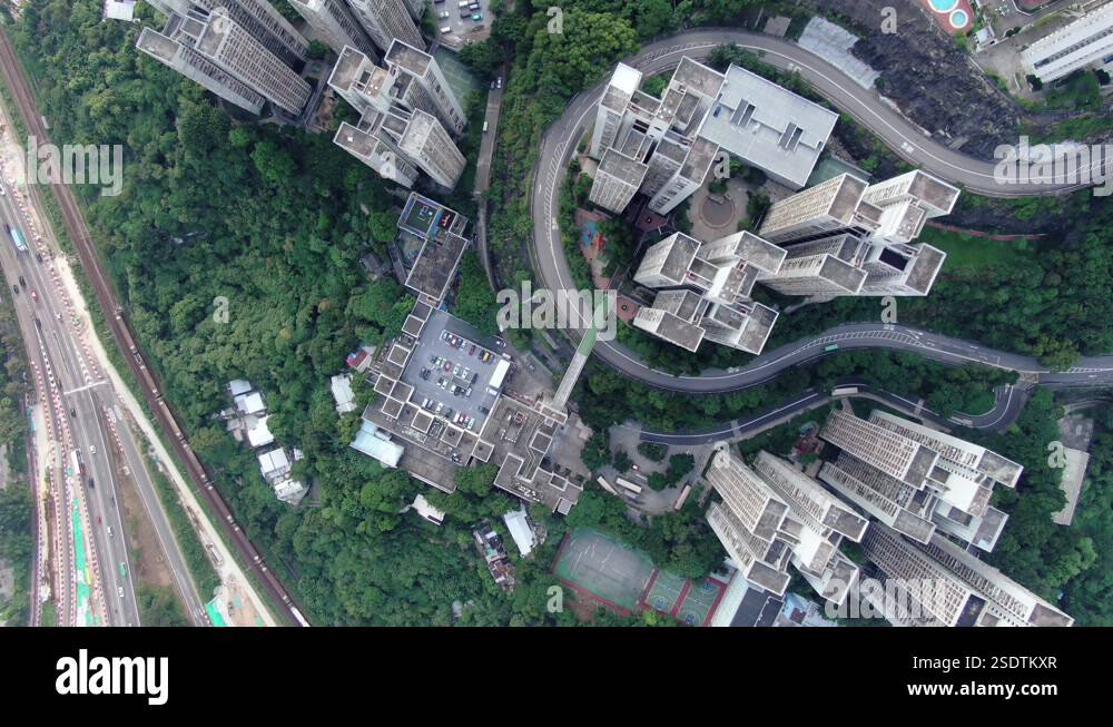 Mega residential buildings and traffic in downtown Hong Kong, Aerial ...