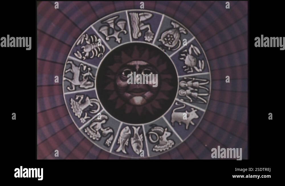 1970s: Drawing, sun opens eyes, blinks, talks, ring of zodiac signs ...