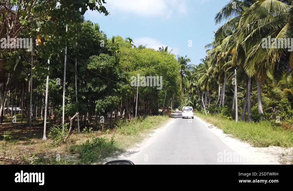 Driving on a scooter moped down an island road on the andamans with ...