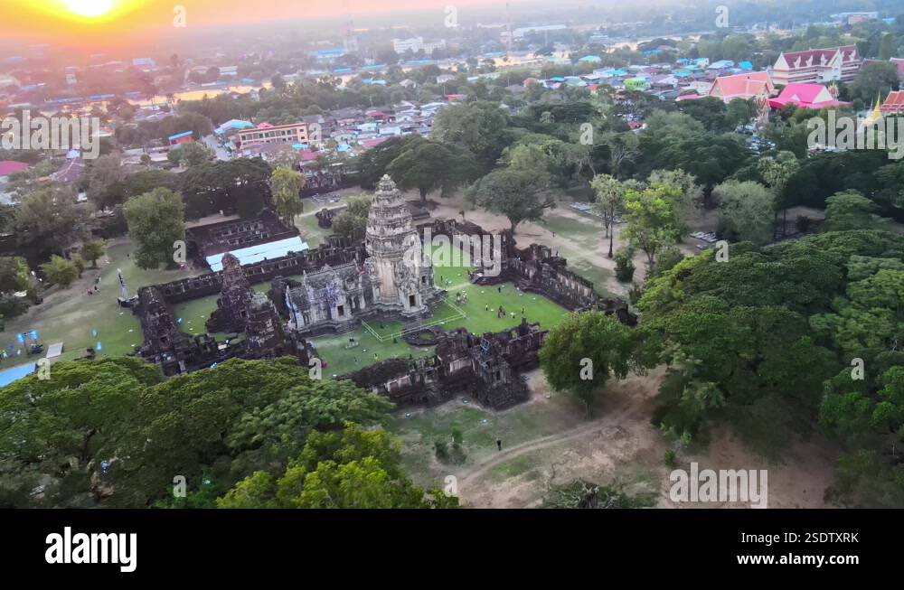 4k aerial drone footage of a Khmer temple during the Phimai Festival ...