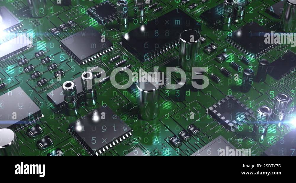 Animation of computer circuit board elements and binary coding over ...