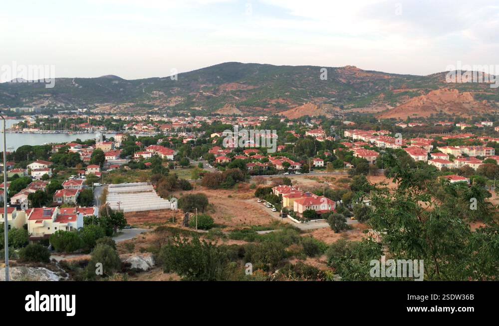 The top view of a town old Phokaia (in TR: Eski Foca) located in Izmir ...