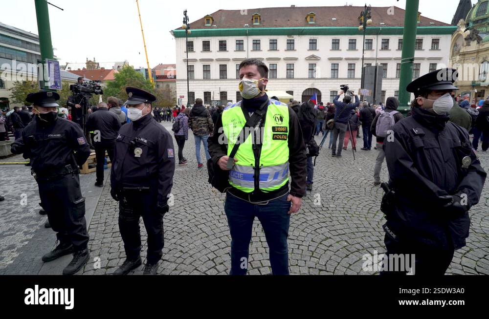 Police Gathered in Streets of Prague With Masks in Front of Protesters ...