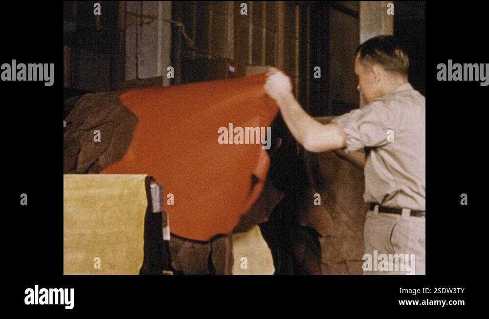 1950s: Person lays out leather hides. People pull material through bin ...
