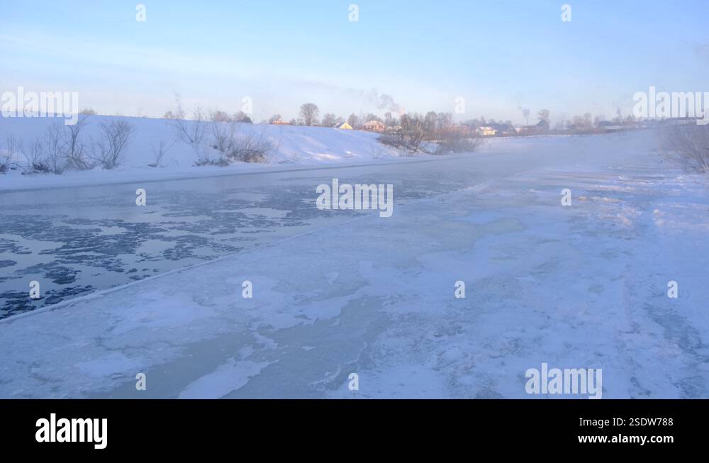 Winter snow river landscape. Rural scene. Ice floats on the river Stock ...