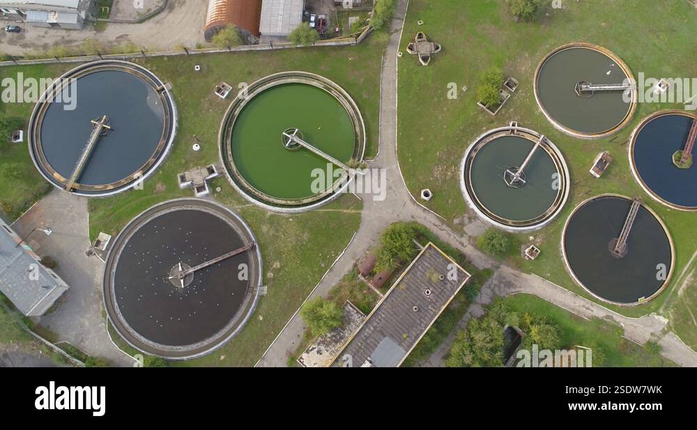 Water treatment facilities. Wastewater treatment plant of a round shape ...