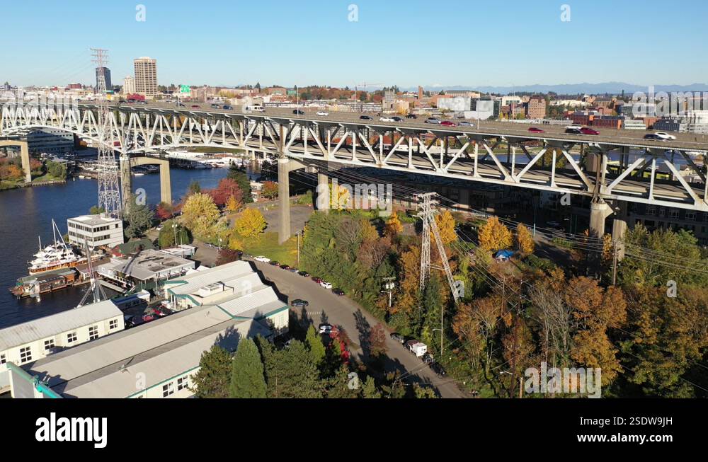 Aerial - drone footage of the Ship Canal Bridge with Portage Bay and ...