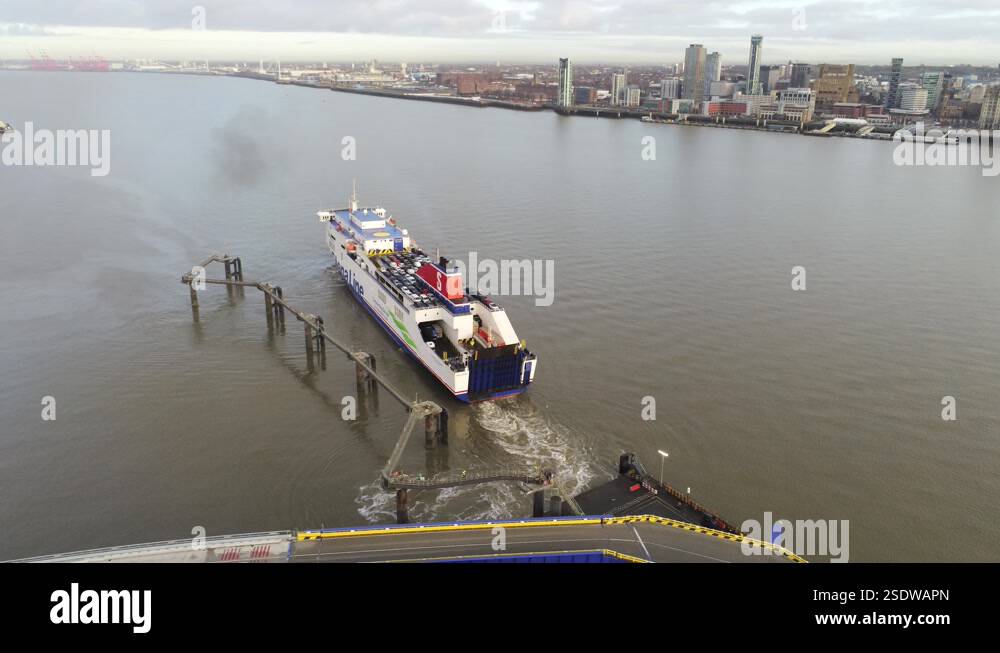 Stena Line logistics freight ship leaving terminal aerial view orbit ...