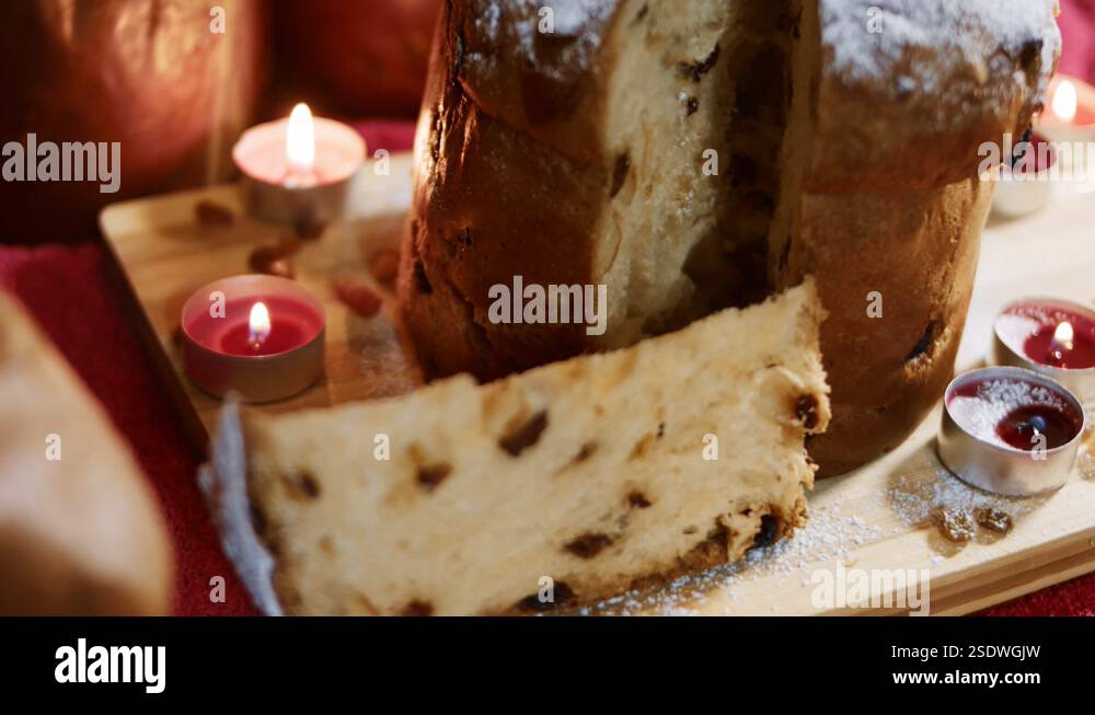 Powdered sugar on the top of delicious Panettone of Milan in a ...