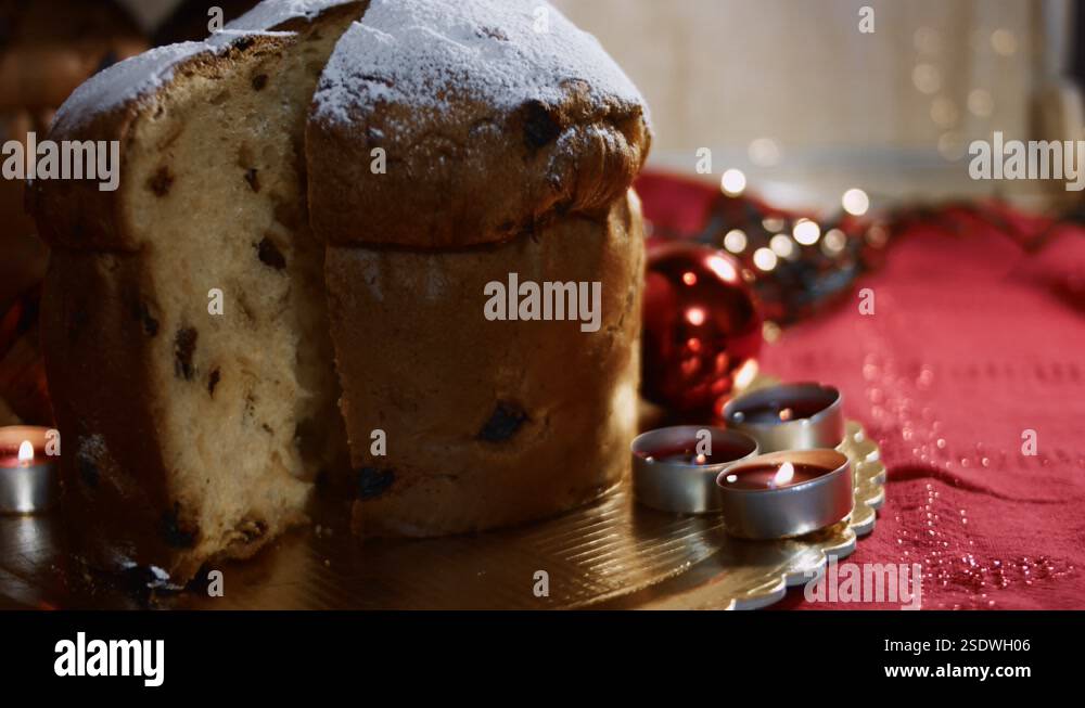 Powdered sugar on the top of delicious panettone. Traditional Italian ...