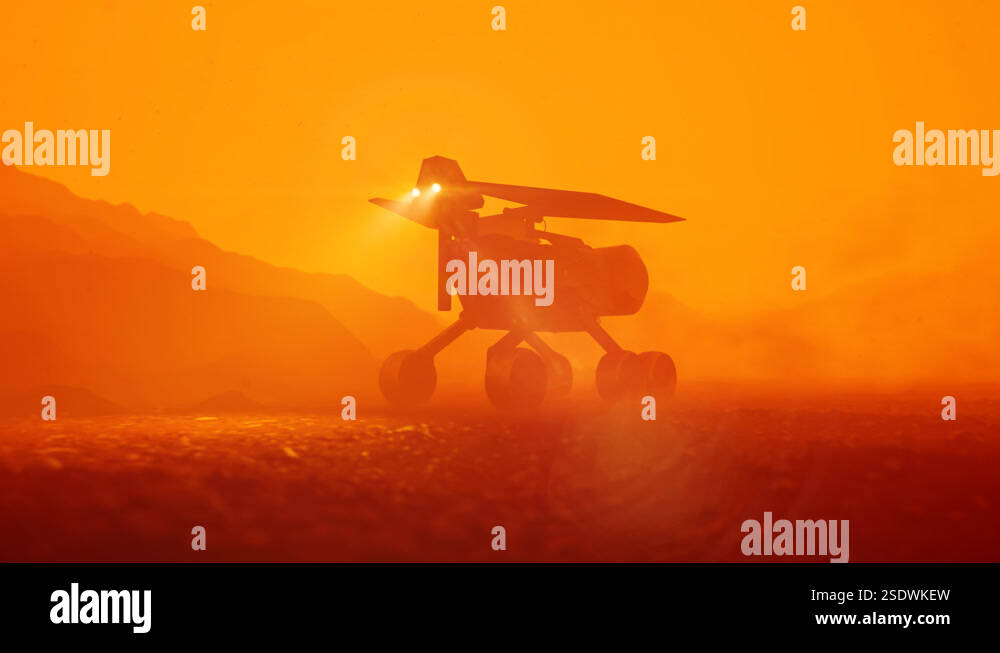 Planetary rover going through a desert on a Mars. Massive dust storm ...