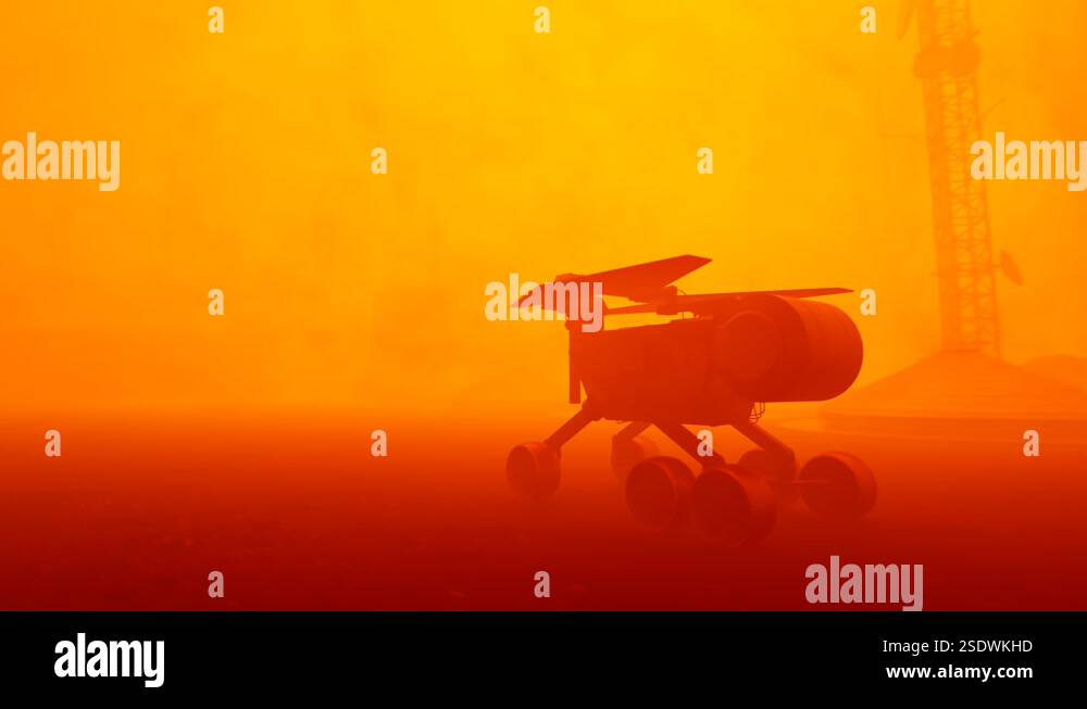 Planetary rover going through a desert on a Mars. Massive dust storm ...