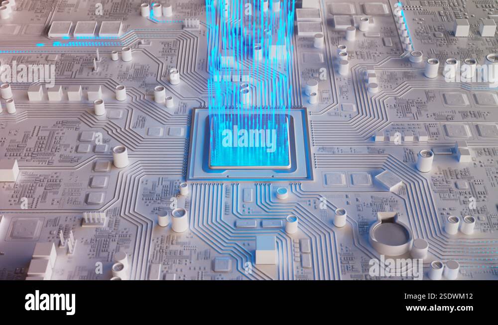 Data flow in a motherboard in pc. Processor among circuits and ...