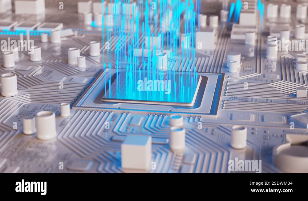 Data flow in a motherboard in pc. Processor among circuits and ...