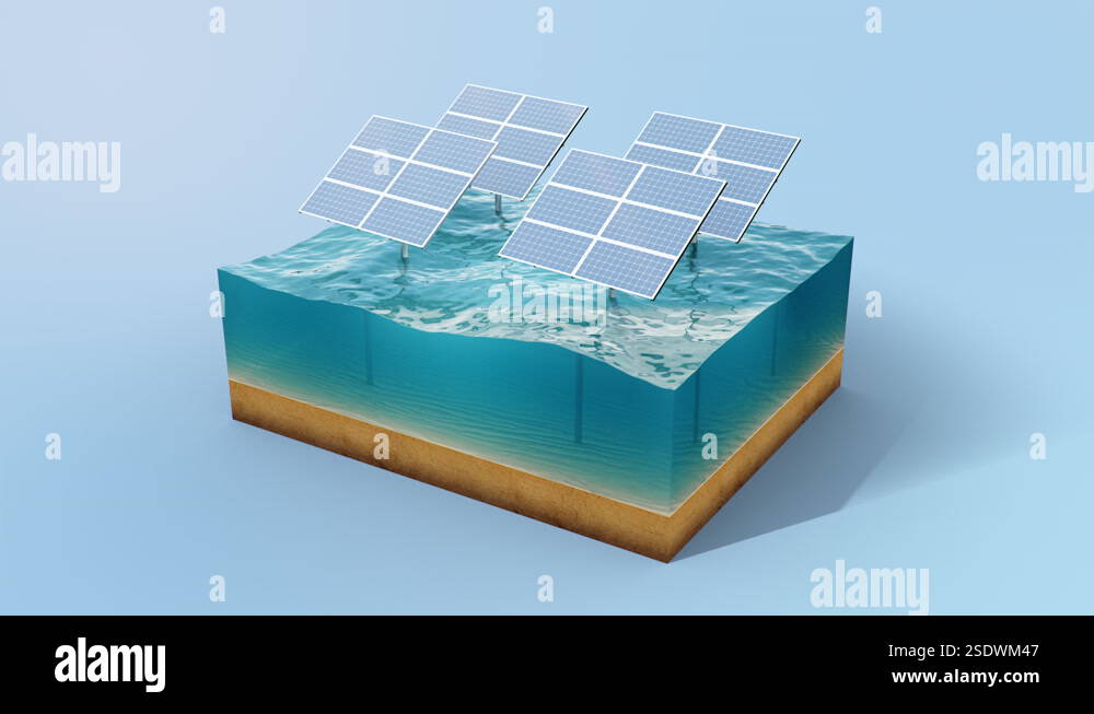 Solar panels on surface sea, ocean. Piece of land, sea in cross section ...