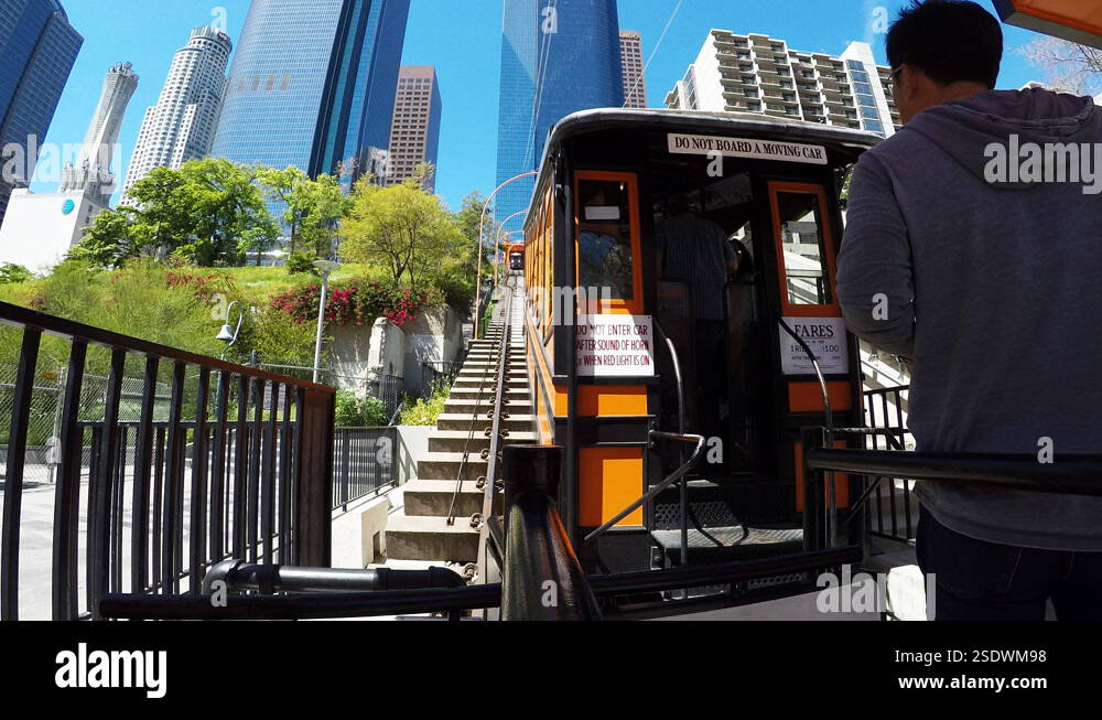 Time lapse of the historic Angel's Flight trolley with downtown Los ...