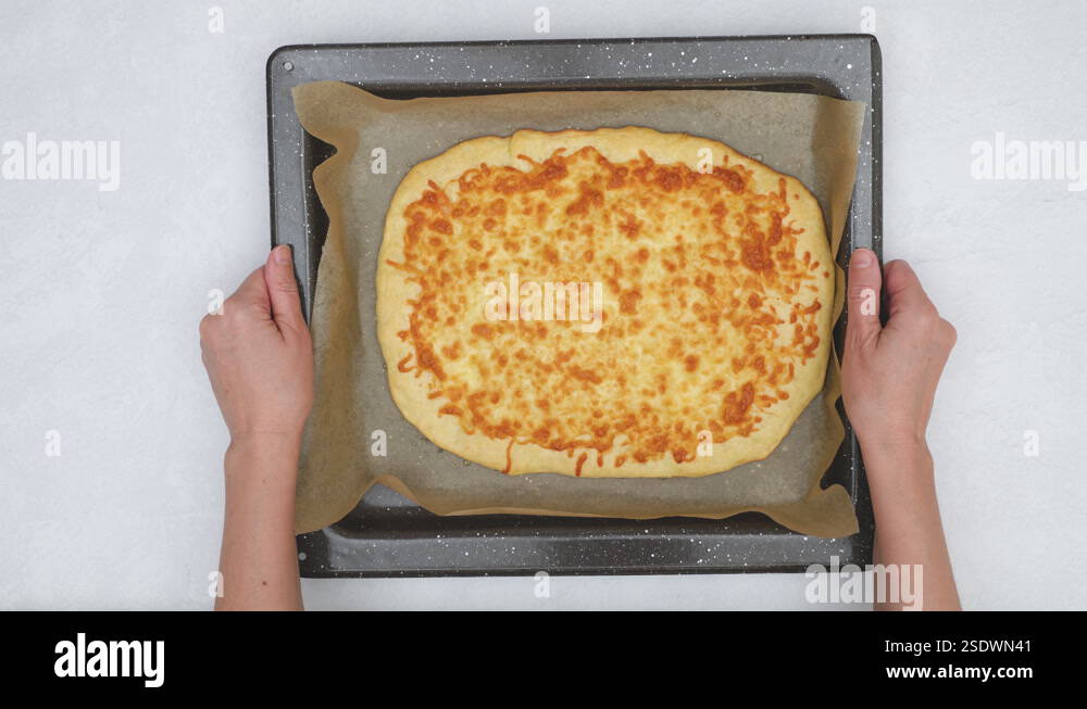 Flat bread with mozzarella cheese topping step by step baking process ...