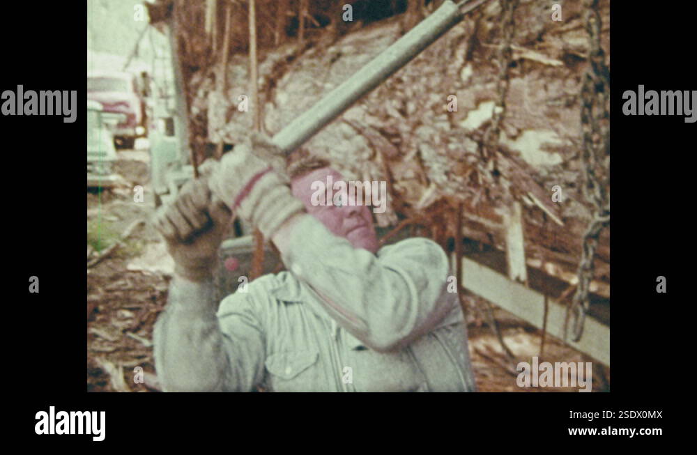 1970s: Crane moves tree trunk. Man secures lumbar on truck. Boats at dock Stock Video Footage ...