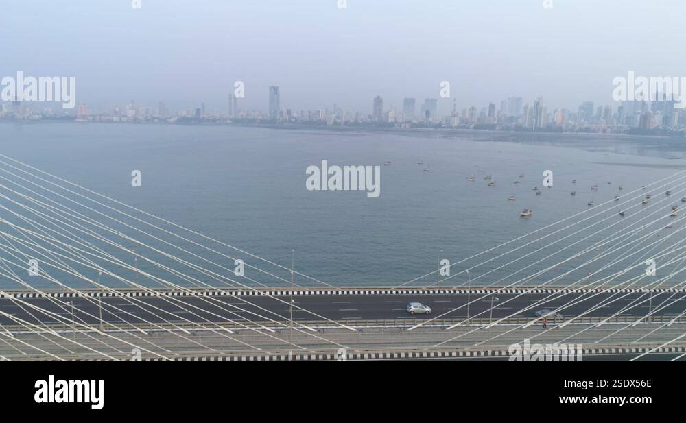 Flying over the iconic Bandra Worli Sea link bridge in Mumbai revealing ...