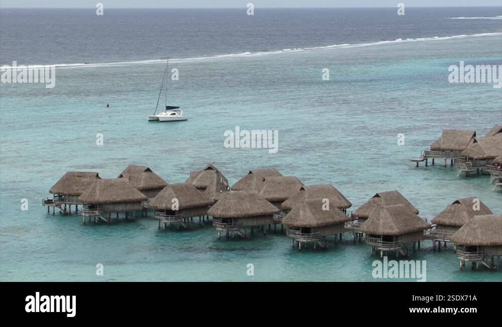 Overwater bungalows, view from Toatea Lookout, Moorea, French Polynesia ...