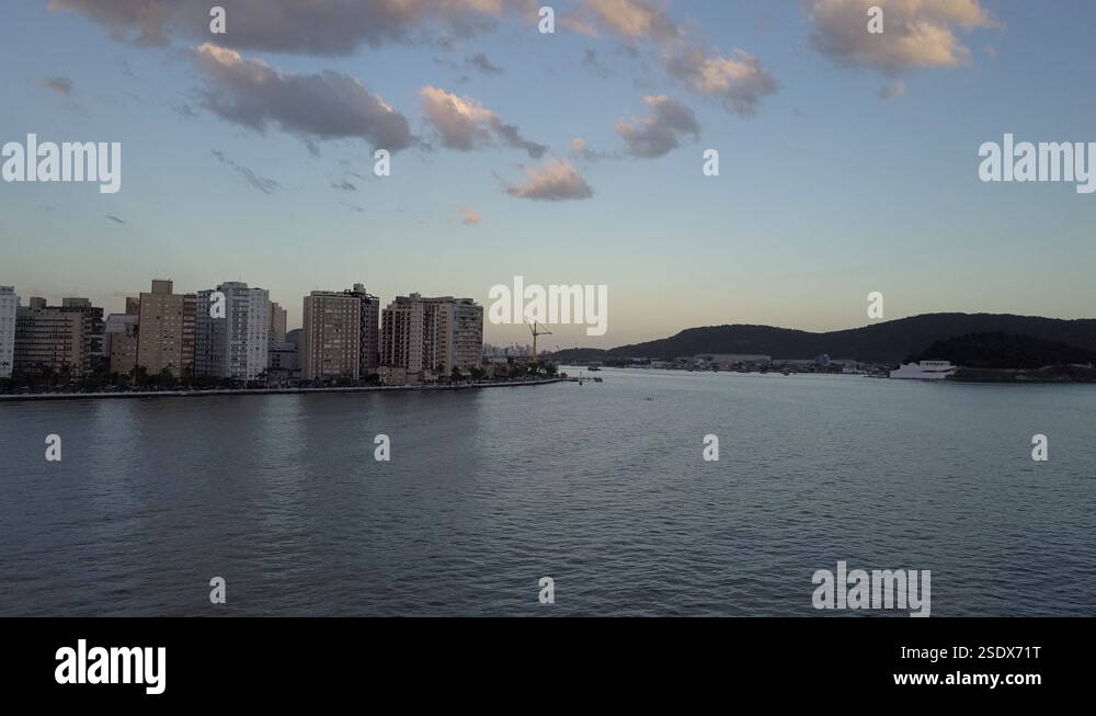 flight over the water in Santos near Ponta da Praia beach, close to ...